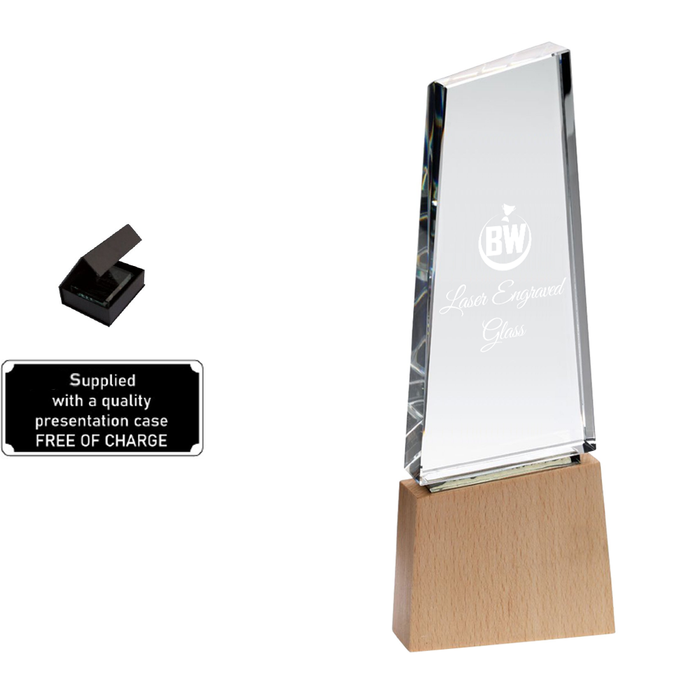 Stylish Thick Lasered Glass on Wooden Base (GW03A/B/C) – BW Trophies